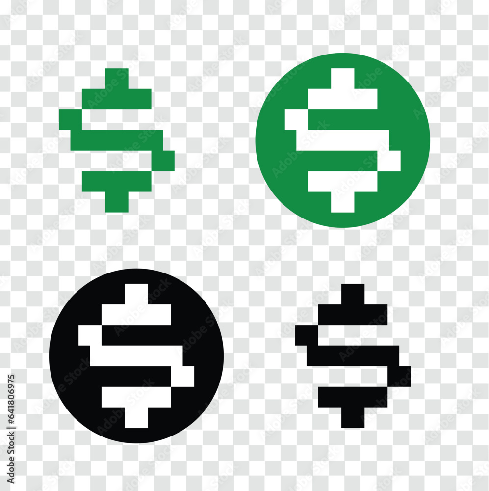 Different pixel dollar symbols isolated on a transparent grid ...