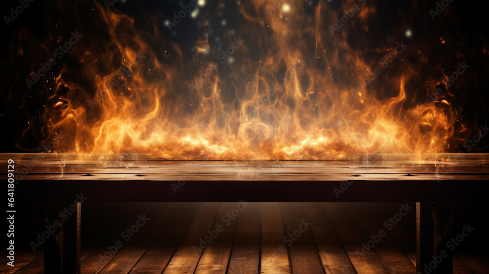 Wooden empty restaurant rustic table on a fire flame burning background ...