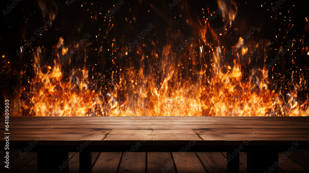 Wooden empty restaurant rustic table on a fire flame burning background ...