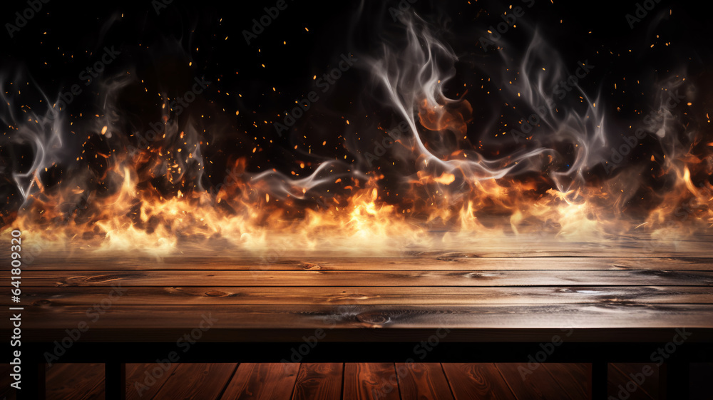 Wooden empty restaurant rustic table on a fire flame burning background ...
