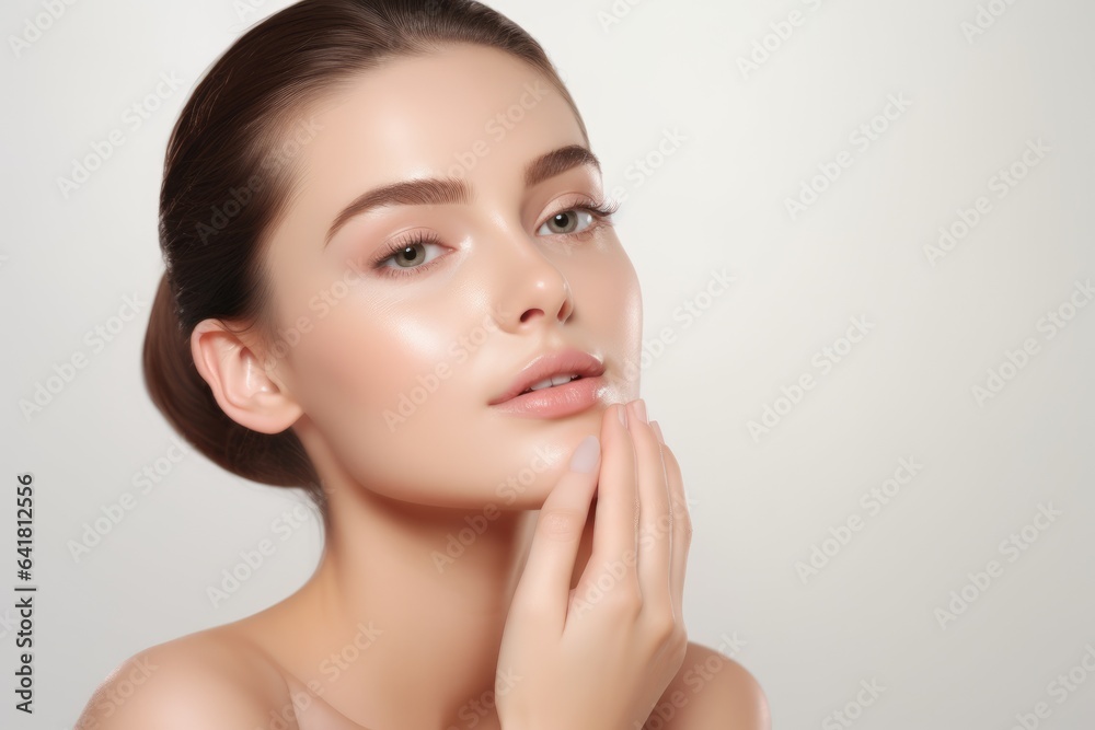 beautiful woman with clear and fresh skin is touching her face against ...