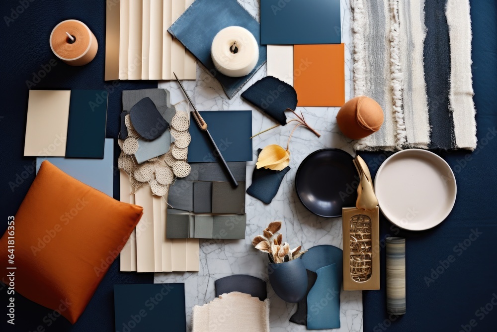 Elegant flat lay composition in blue ocean, grey and black color ...
