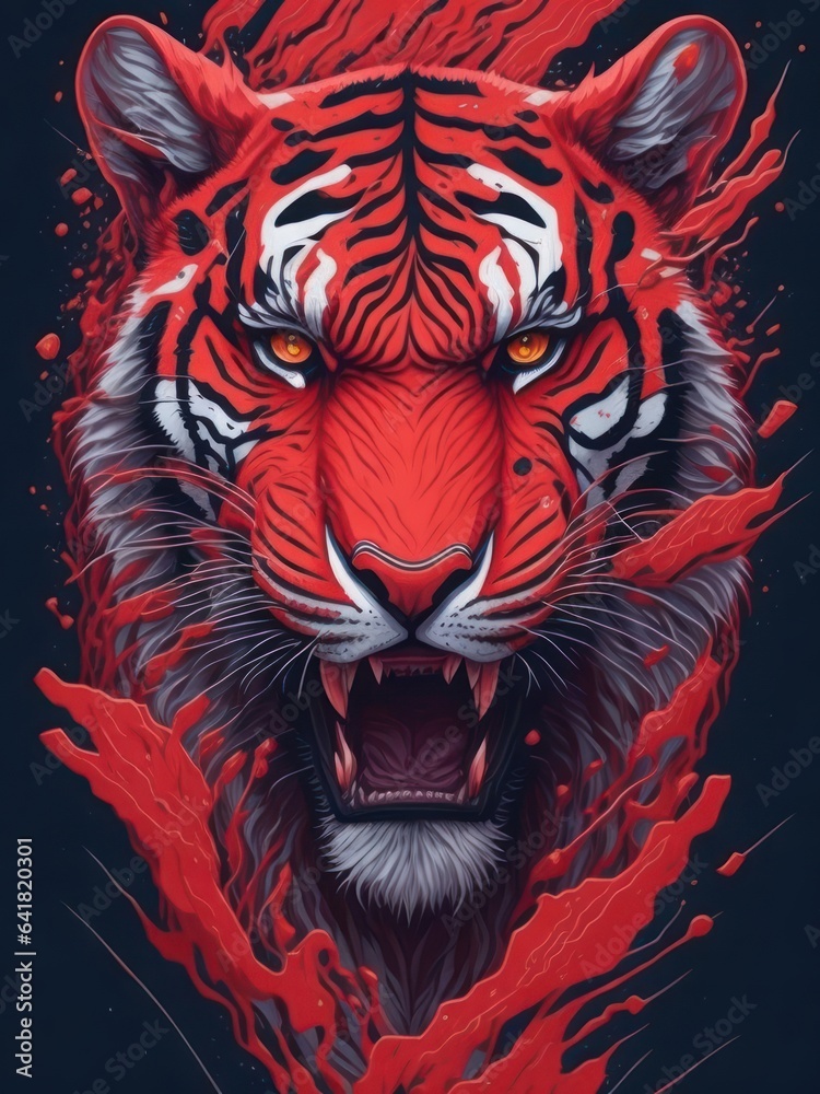 Fantasy watercolor painting of a red devil tiger with swirling red wing ...