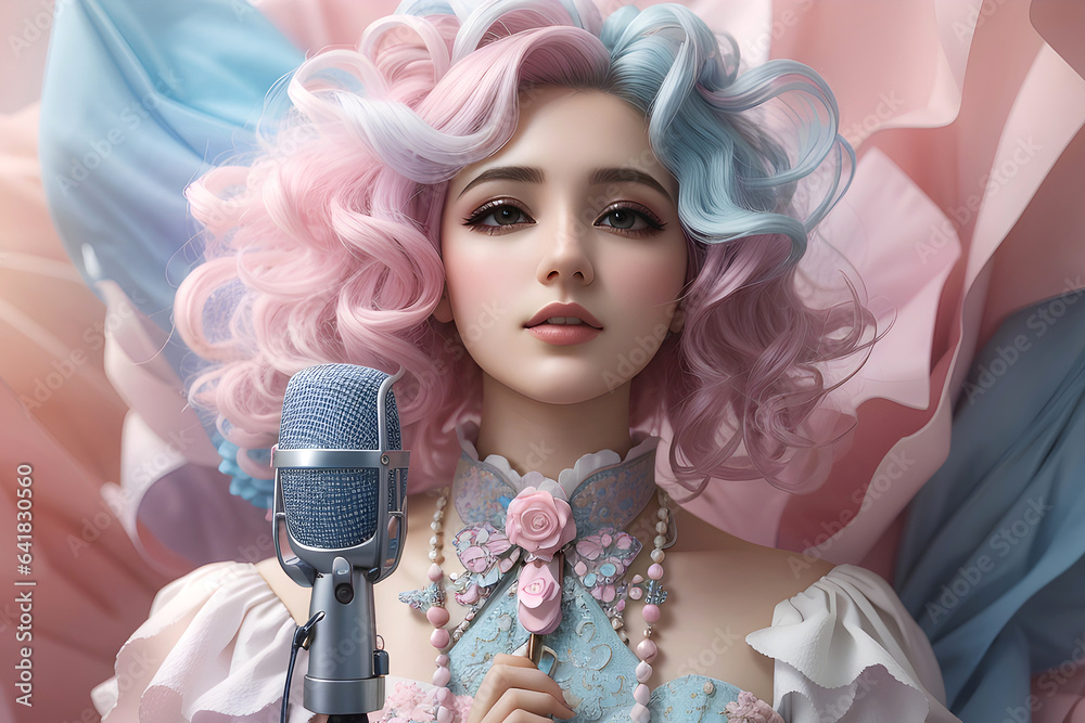 Surrealism fashion of a female singer in pastel colors with a ...