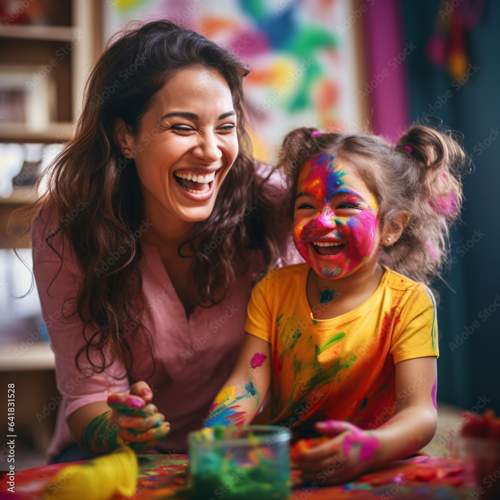 A delightful image of a mother and daughter in bright clothes engaging ...