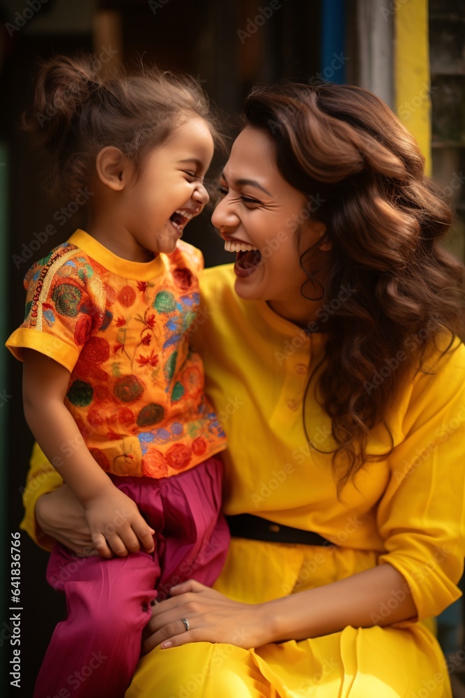 A delightful image of a mother and daughter in bright clothes engaging ...