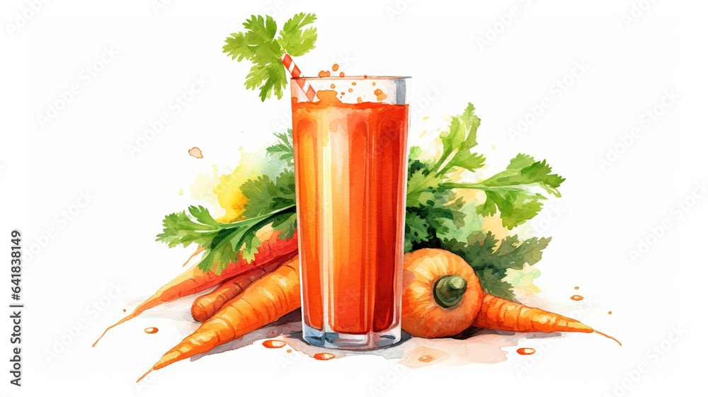 Watercolor bunch of carrots and a glass of carrot juice isolated on ...