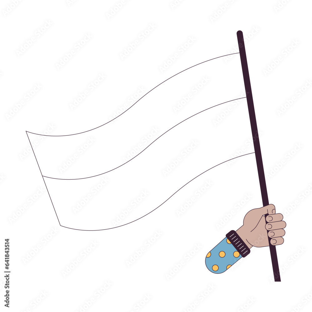 Holding flag flat line color isolated vector hand. Flag blows away in ...