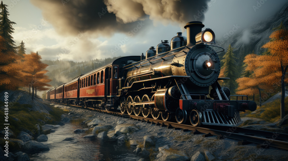 Vintage black steam locomotive train with wagons rush railway. Stock Photo | Adobe Stock