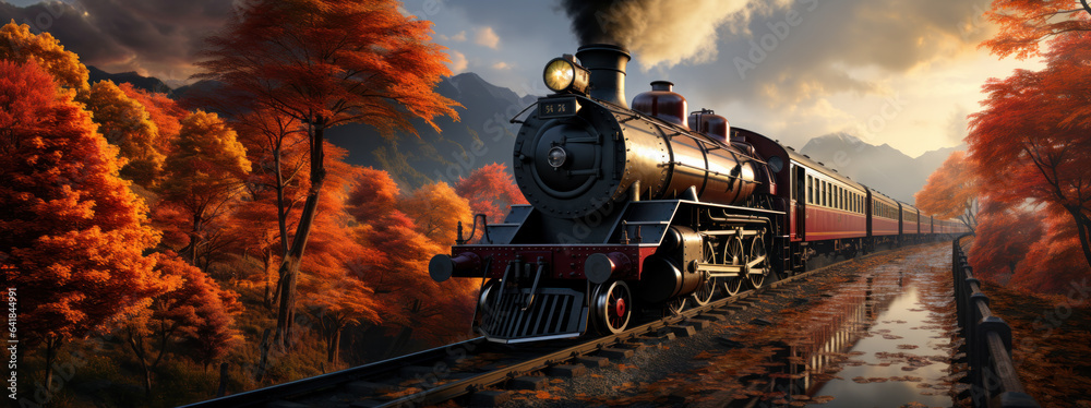 Vintage black steam locomotive train with wagons rush railway. Stock Photo | Adobe Stock