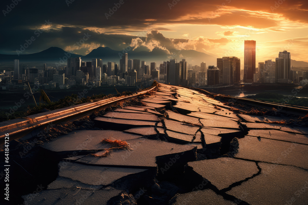 earthquake destruction on a city and highway. sunset. Shear zones ...