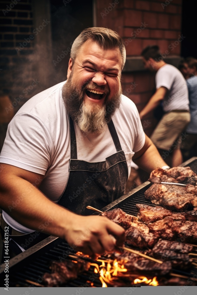 Funny and crazy smiling man busy at the barbecue cooks the most ...