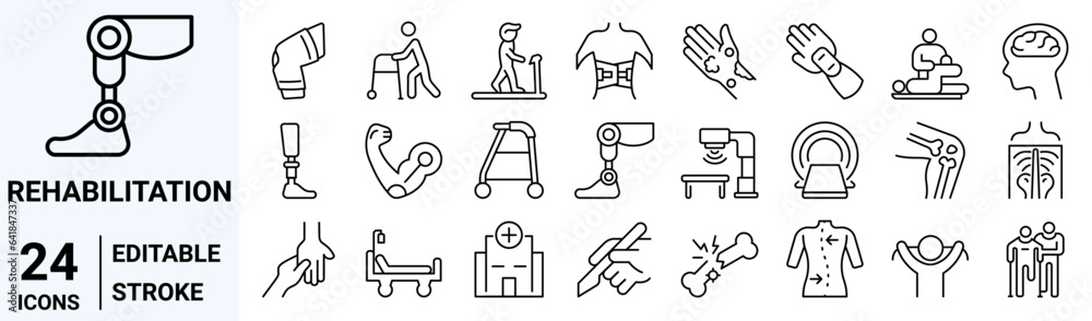 Set of 24 line icons Physiotherapy, rehabilitation, prosthetics ...