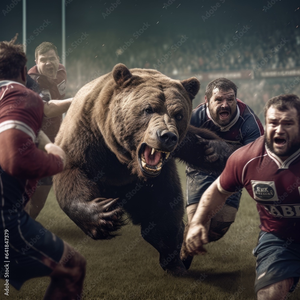 grizzly bear playing rugby american football running with ball ...
