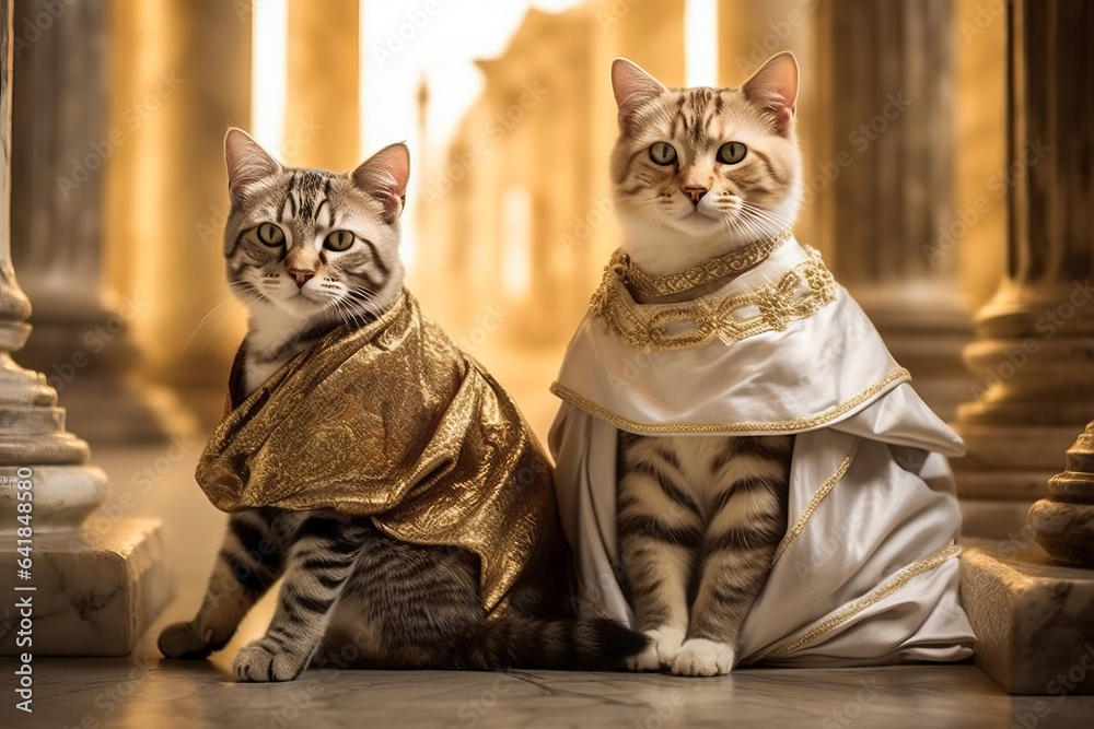 Cats sit on the steps of an ancient temple in ancient Roman costumes ...