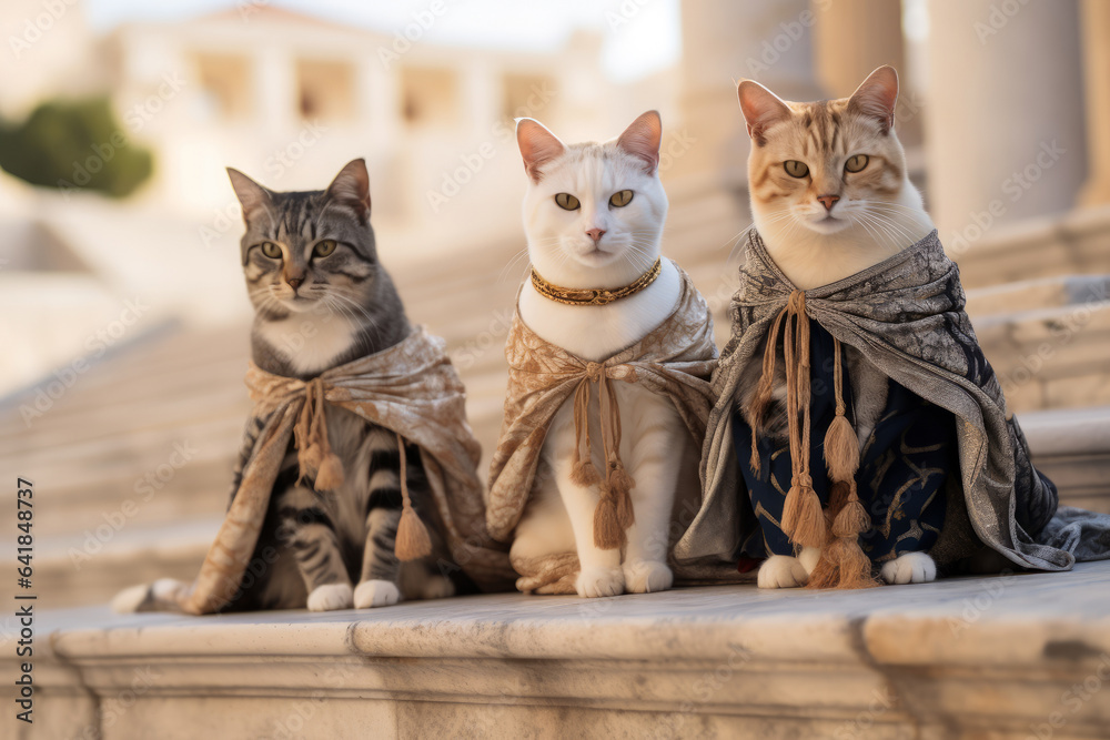 Cats sit on the steps of an ancient temple in ancient Roman costumes ...