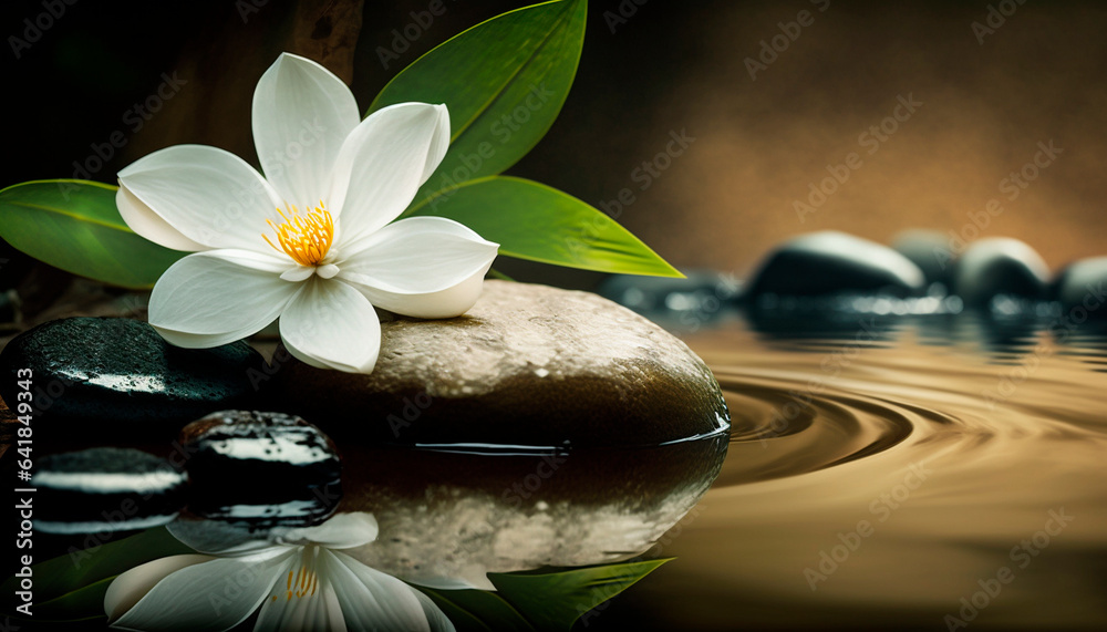 zen stones on a background of water and bamboo and lotus flowers ...
