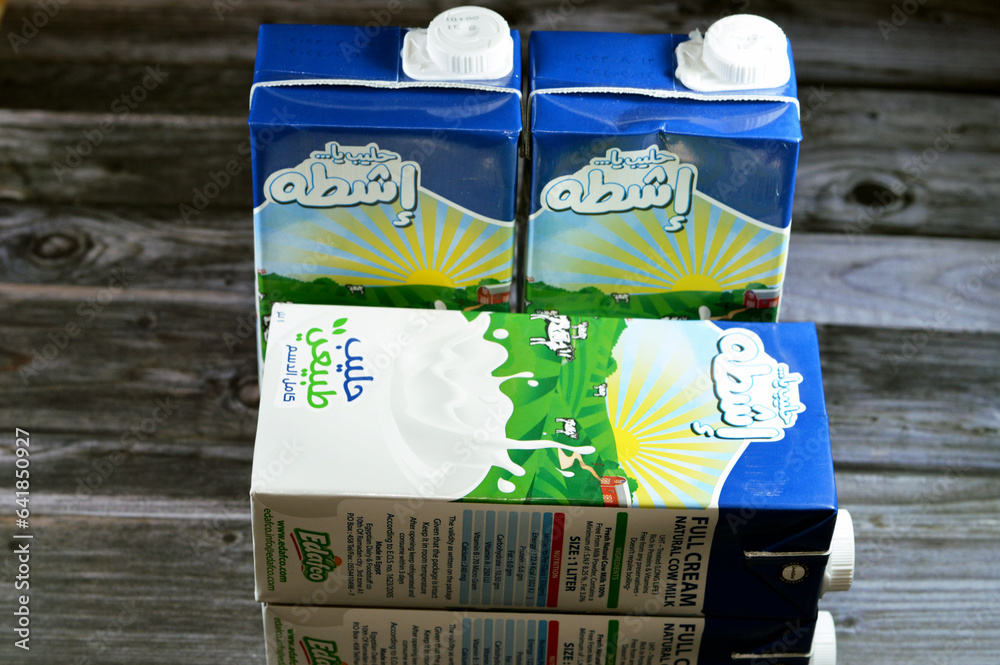 Cairo, Egypt, August 30 2023: Eshta full cream fresh cow's milk carton ...