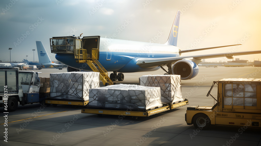 Cargo plane being loaded with goods at an international airport. Stock ...