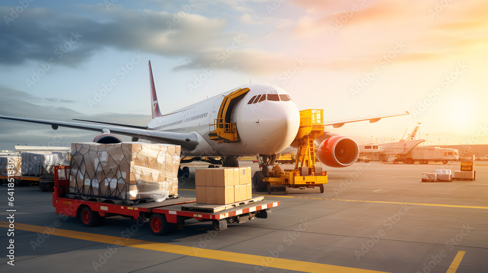 Cargo plane being loaded with goods at an international airport. Stock ...