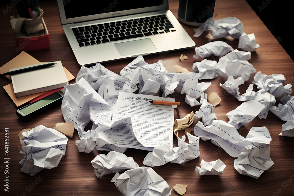 Crumpled paper with hurtful words thrown on a workspace desk. Stock ...