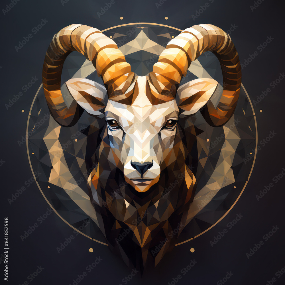 Zodiac sign capricorn head in 3d low poly illustration with circle in ...