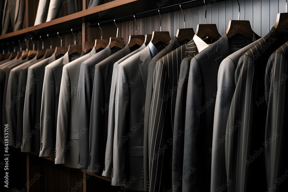 Row of suits hanging in a luxury tailor shop showcasing different ...