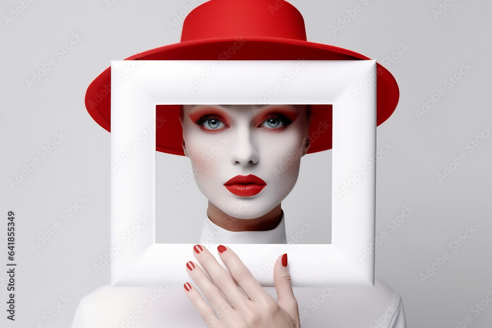 Beautiful woman with red lips and red makeup holding a frame. Fashion ...