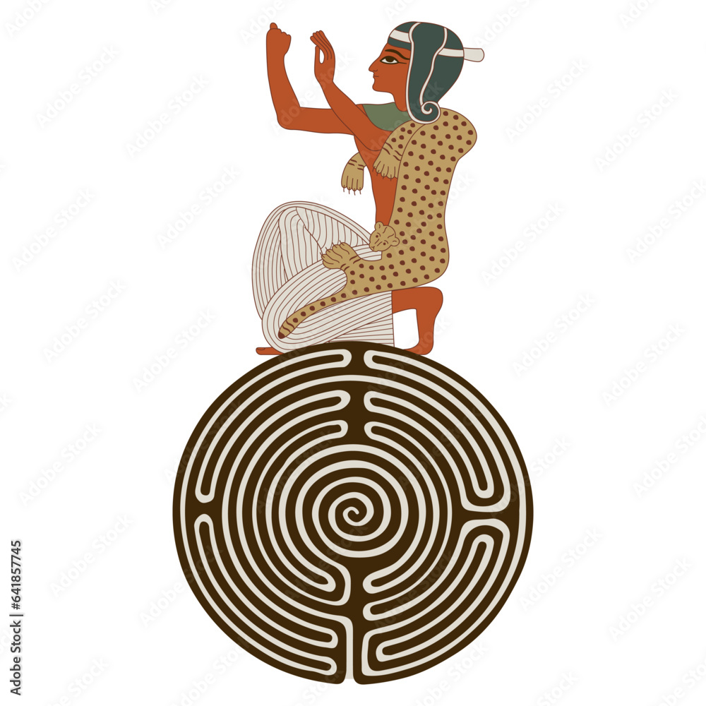 Kneeling praying ancient Egyptian man on top of a round spiral maze or ...