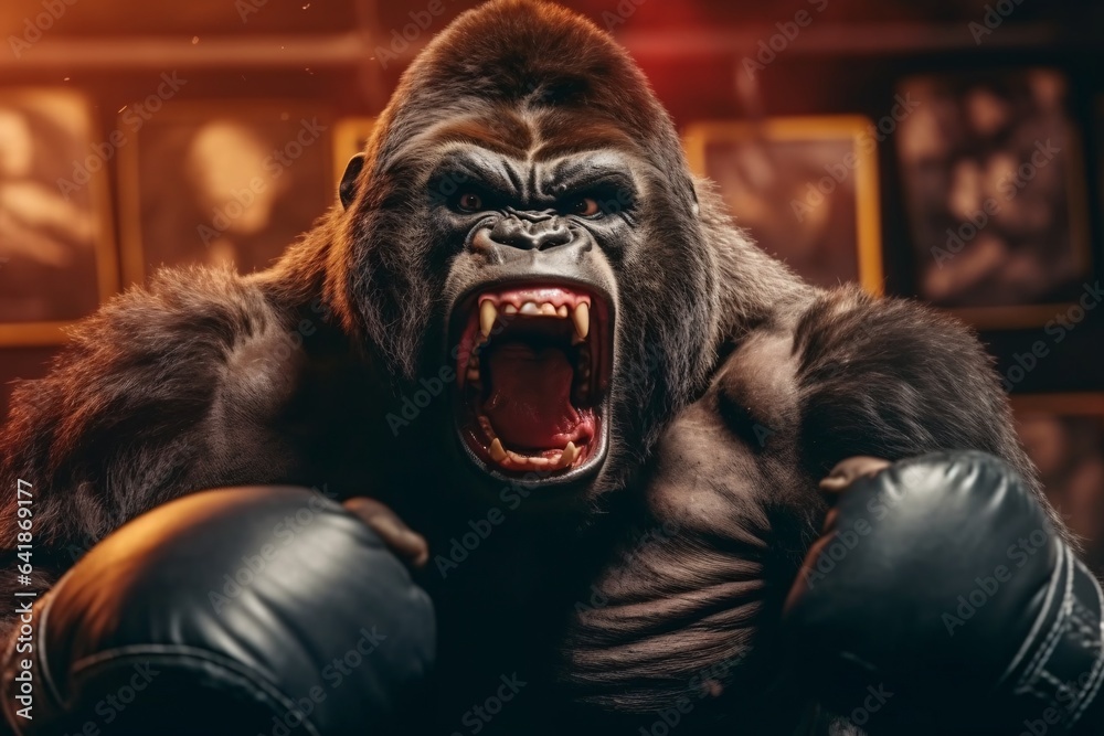 Angry gorilla fighting with boxing gloves. Studio shot over dark ...