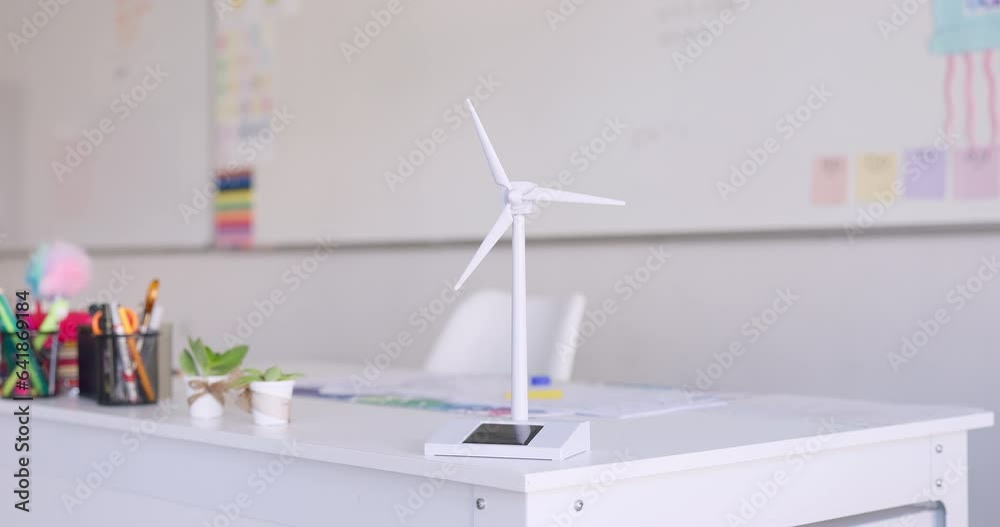 Renewable energy, wind turbine and classroom at school, innovation and ...