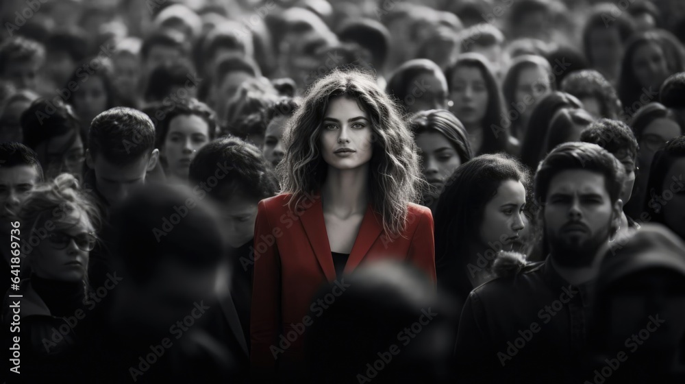 a woman sticking out from the crowd as unique in full bright colour ...