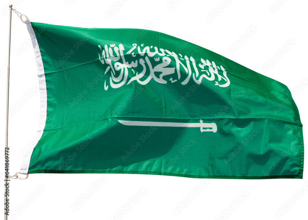 Green flag of Saudi Arabia with Shahada in white above sword in center ...