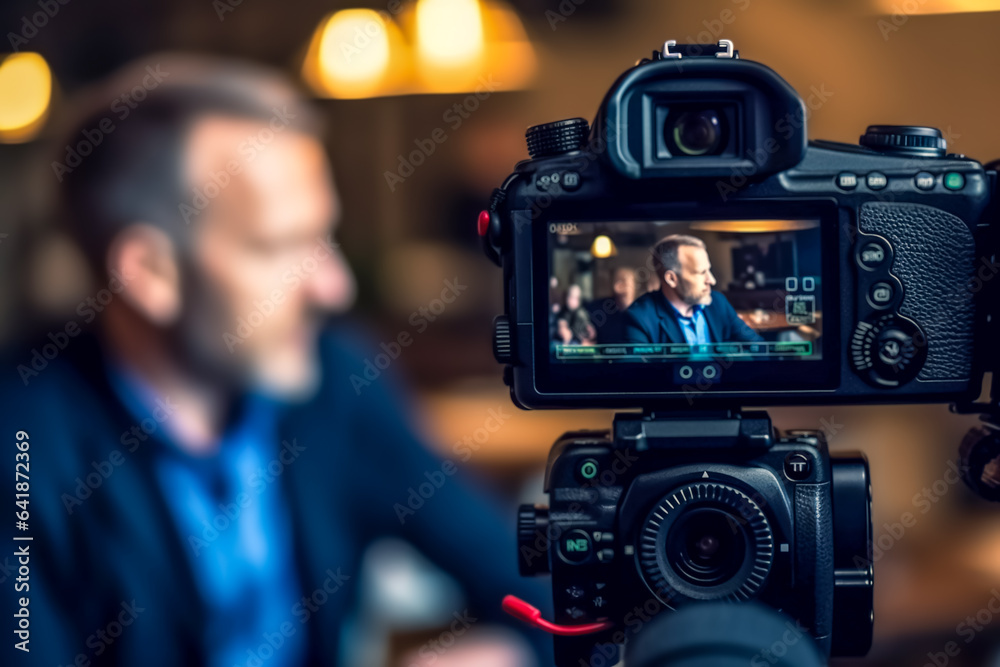 Filming interview. Behind the scene concept. Cameraman working on ...