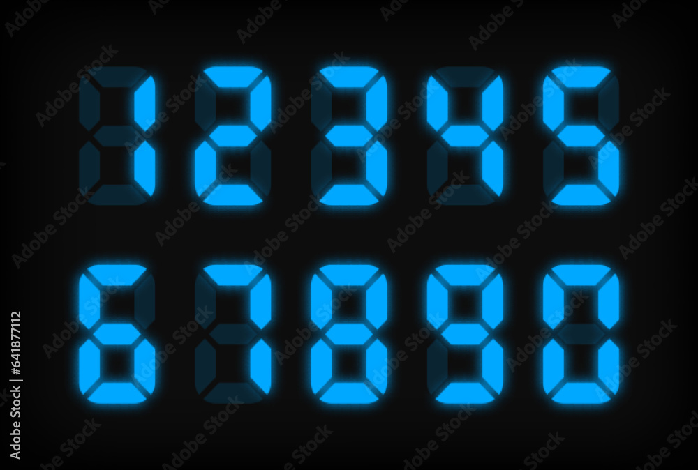 Blue digital numbers on light background. Electronic figures. Light ...