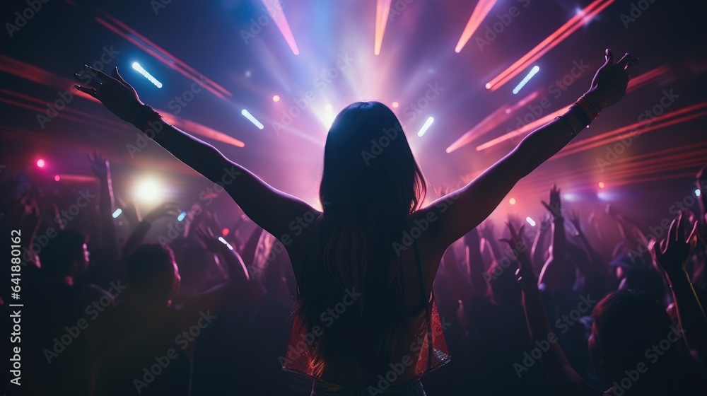 Girl DJ in club and people dancing in electronic music, techno or ...