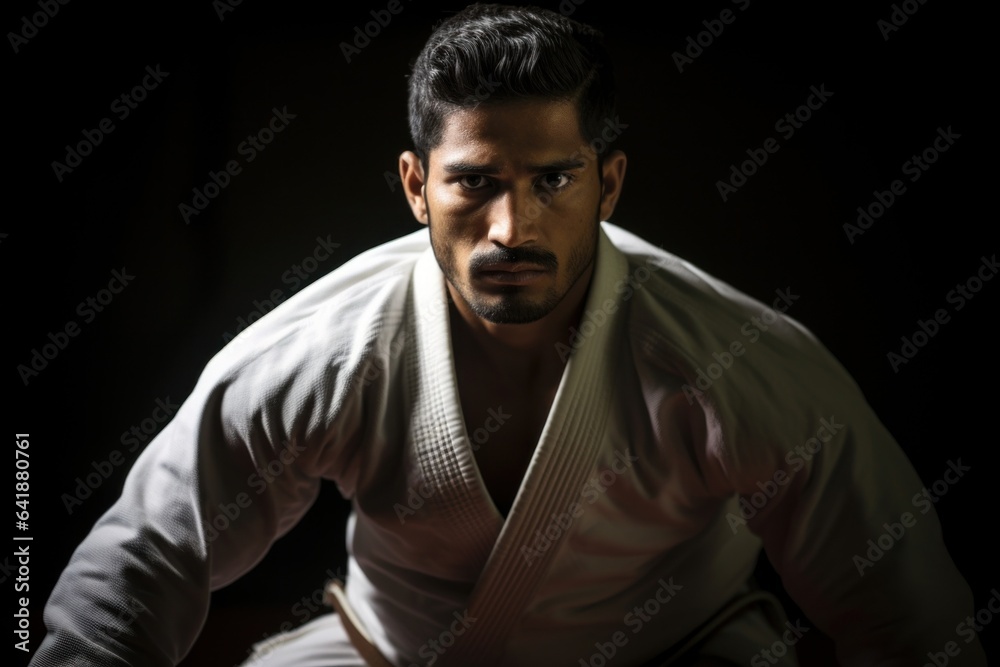 A South Asian male judoka poised for action his facial expression ...