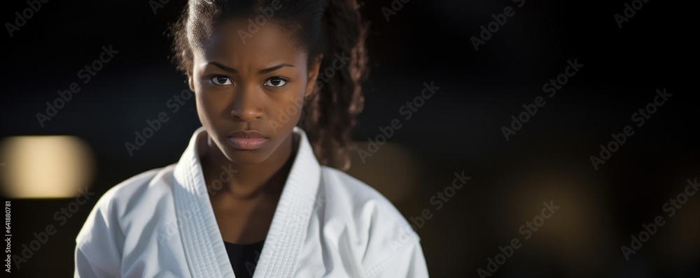 A black female judoka in a vigilant stance her face in tight closeup ...