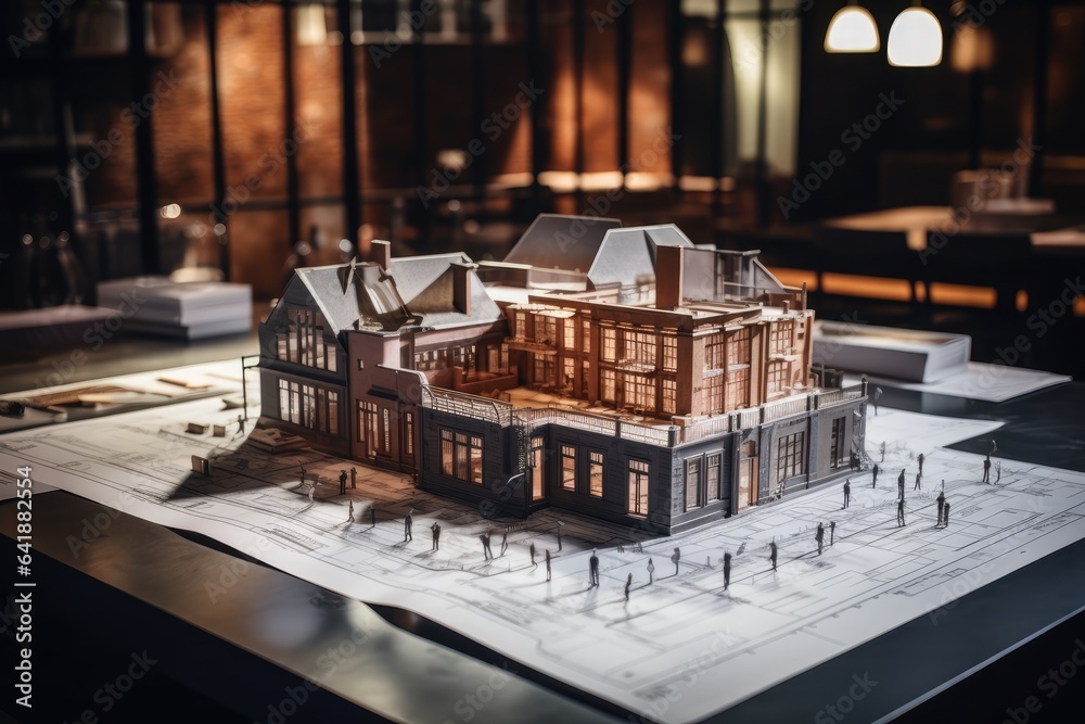 Set of blueprint drawings and architectural. Model of a modern building ...