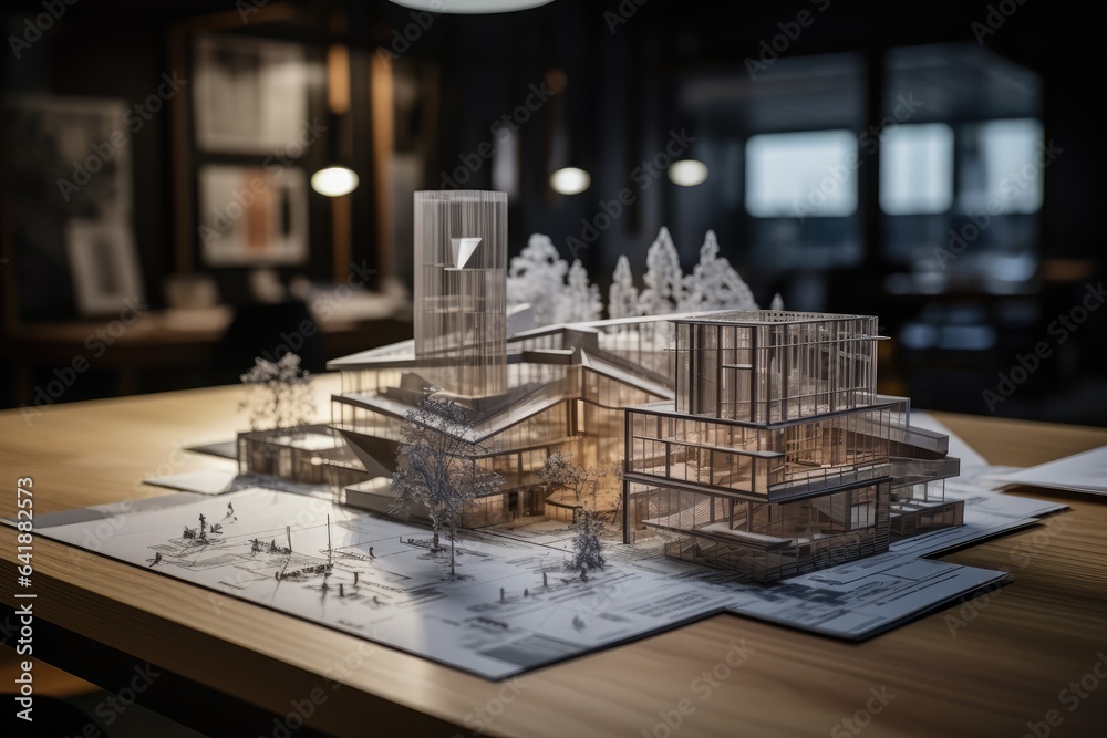 Set of blueprint drawings and architectural. Model of a modern building ...
