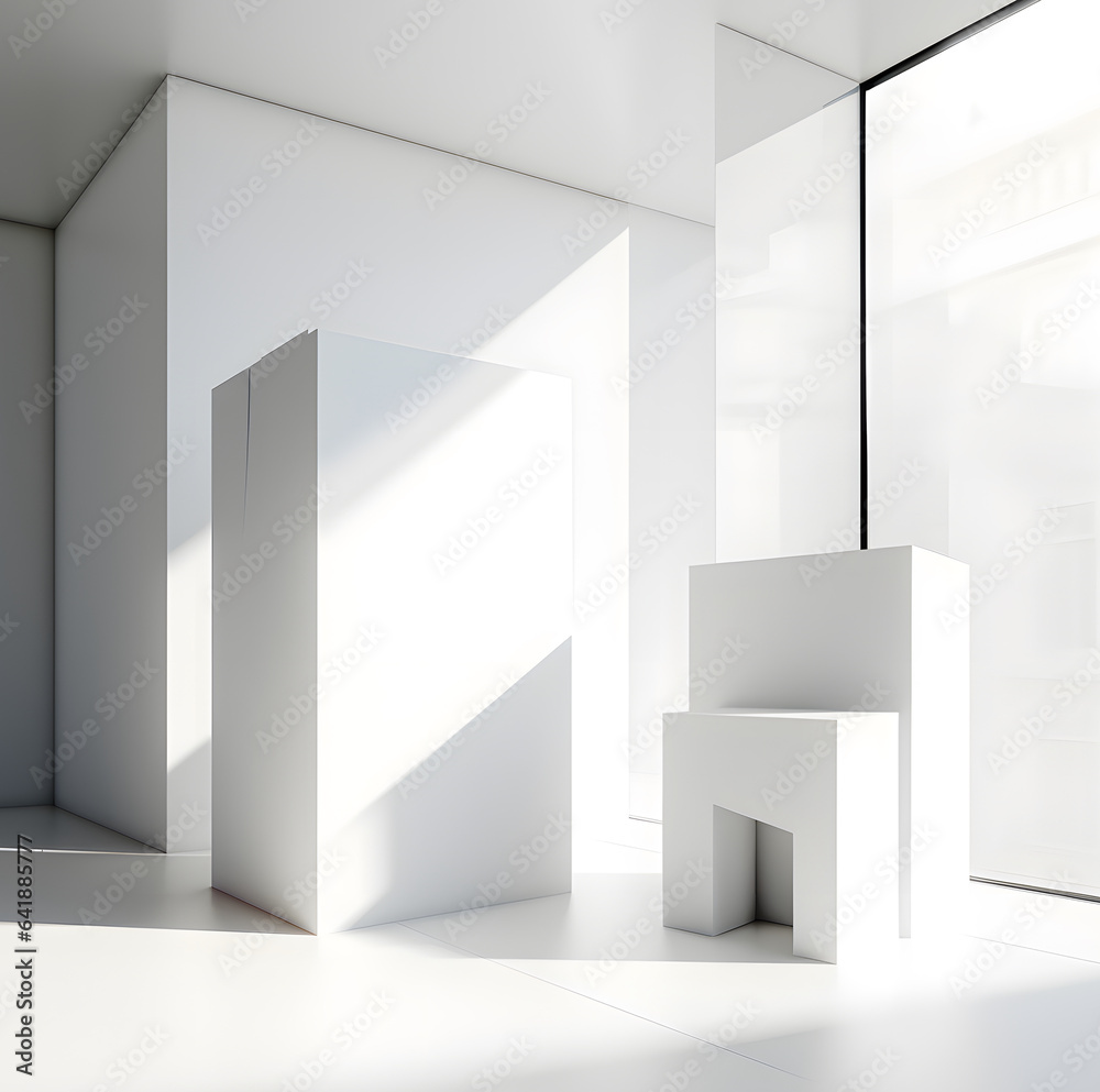 Architectural study in forms; a white interior with spatial separations ...
