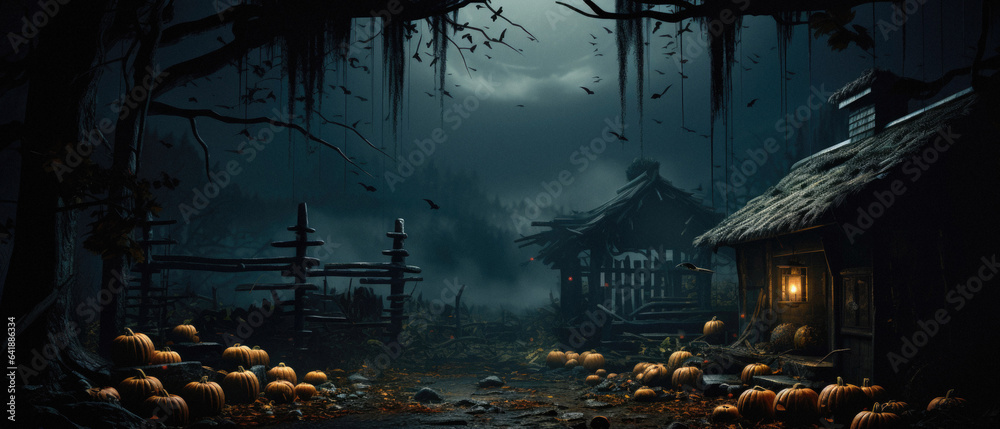 Halloween spooky background, scary pumpkins with smoke in old big ...