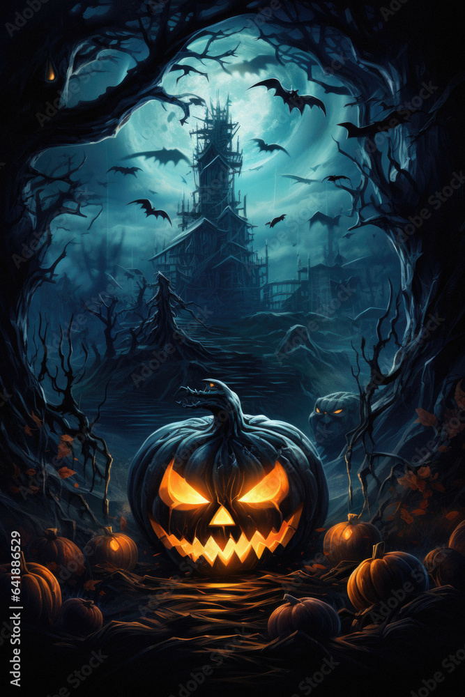 Halloween Spooky Background Scary Jack O Lantern Pumpkins In Creepy