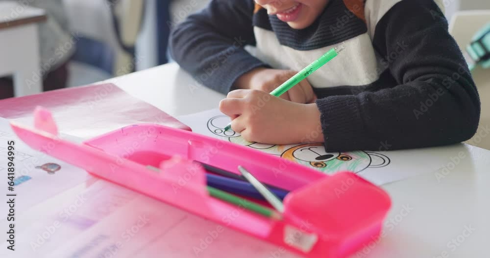Creative, school and hands of child drawing in a classroom for art ...