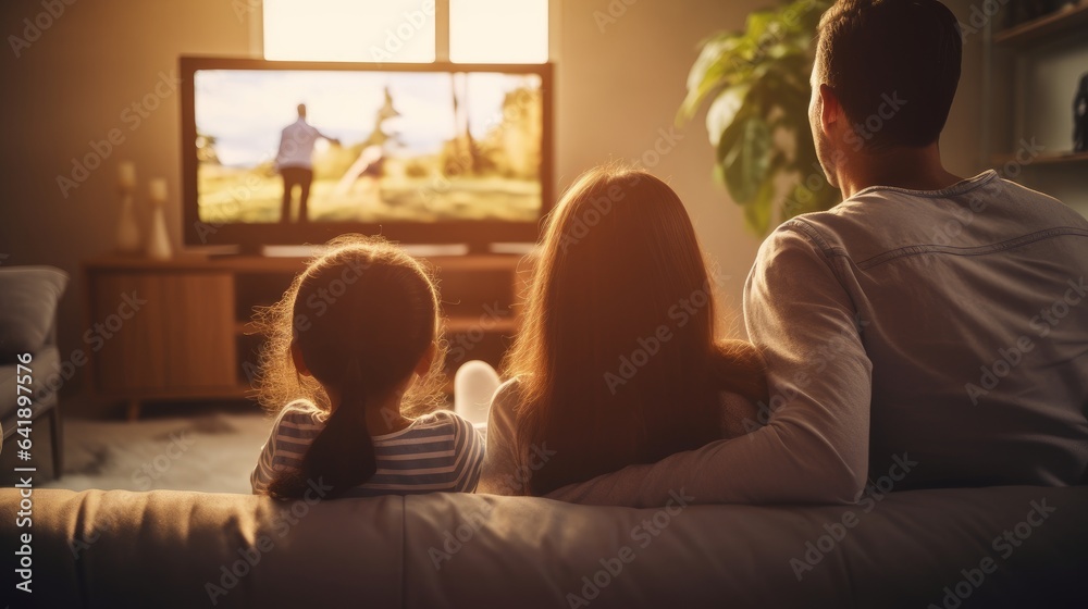 a photo of a beautiful american family with parents and kids watching ...