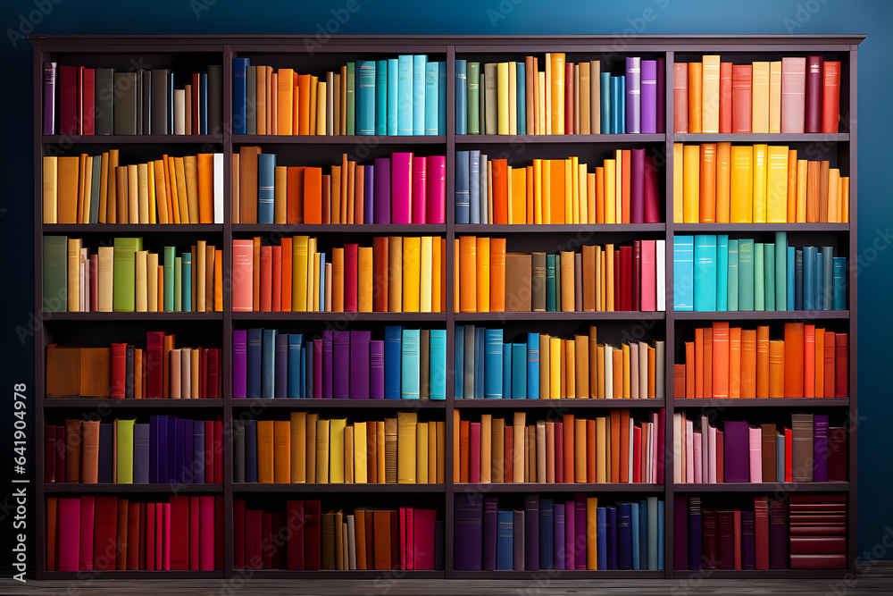 big bookshelf with colorful books, dream library, colorful banner ...