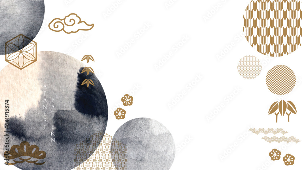 Japanese background with moon and sun with black watercolor texture ...