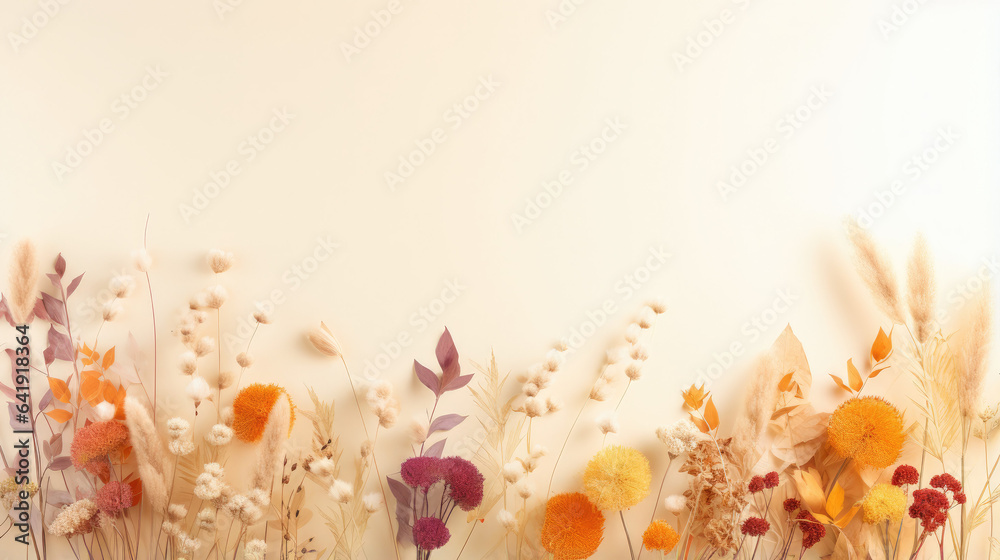 Dried flowers border banner, yellow background Stock Photo | Adobe Stock
