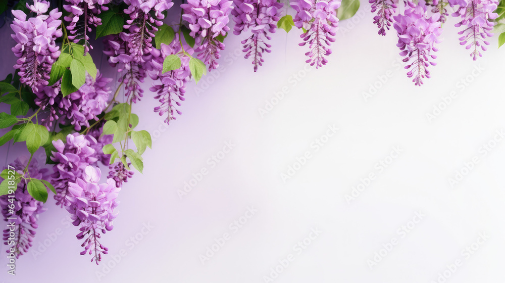 Wisteria floral banner with blank space, purple gradient background ...