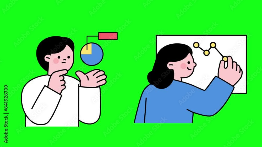 A boy is thinking while looking at a circular graph. A girl is moving ...